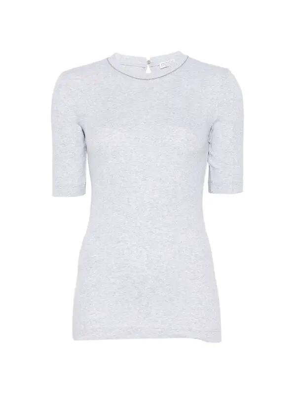Brunello Cucinelli Grey Cotton Crewneck Sweater With Monili-trim Collar - Multicolor