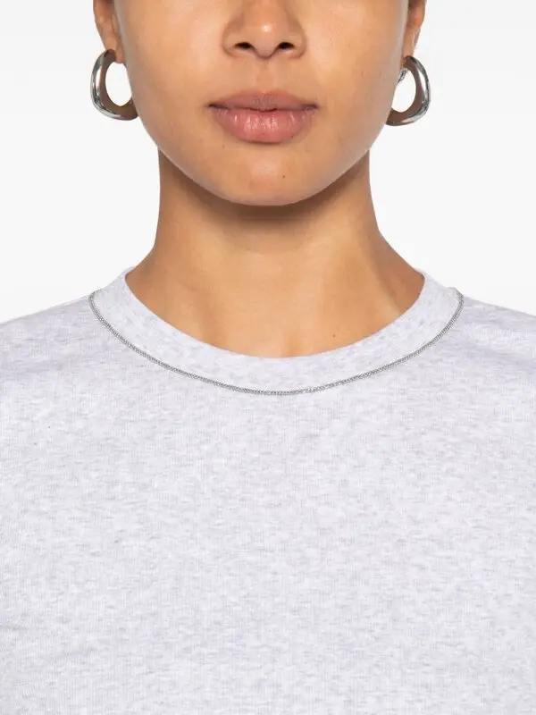 Brunello Cucinelli Grey Cotton Crewneck Sweater With Monili-trim Collar - Multicolor