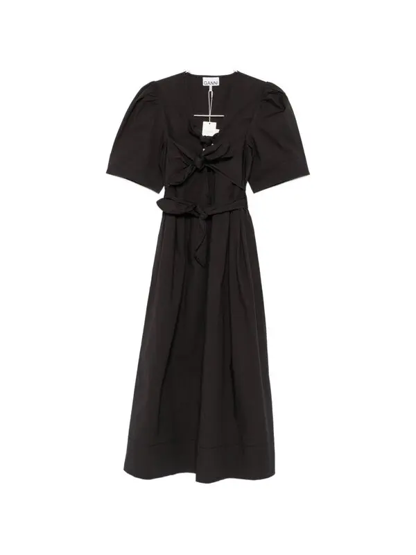 GANNI Black Organic Cotton Midi Dress With Bow Detail - Multicolor
