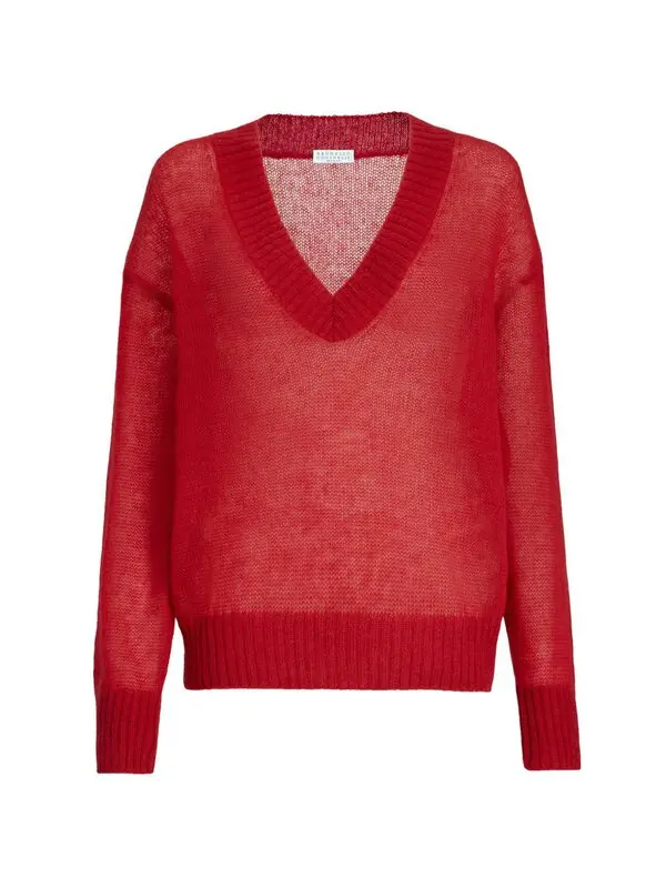 Brunello Cucinelli Red Ribbed Knit V-neck Jumper - Multicolor