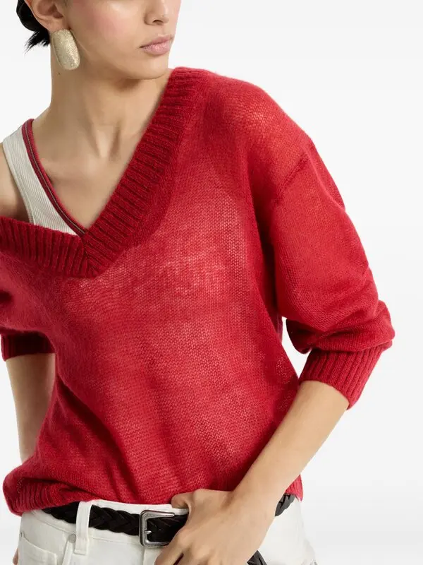 Brunello Cucinelli Red Ribbed Knit V-neck Jumper - Multicolor
