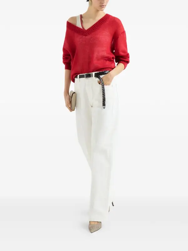 Brunello Cucinelli Red Ribbed Knit V-neck Jumper - Multicolor