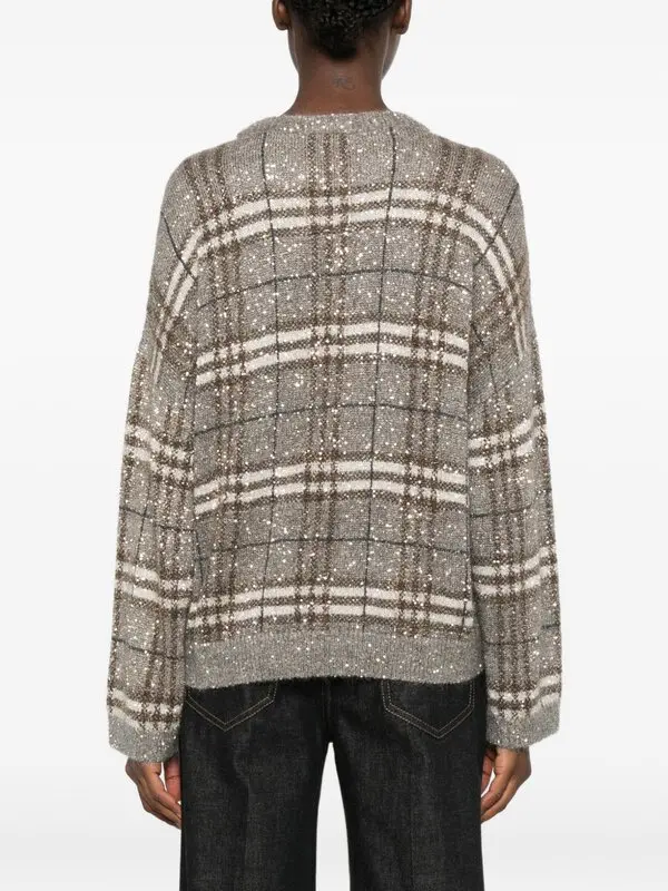 Brunello Cucinelli Checked Sequin Embellished Crewneck Sweater