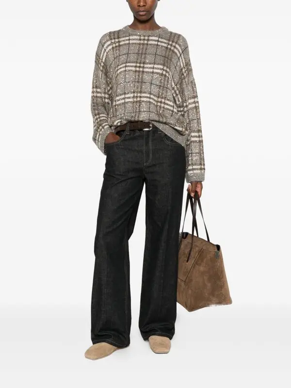 Brunello Cucinelli Checked Sequin Embellished Crewneck Sweater