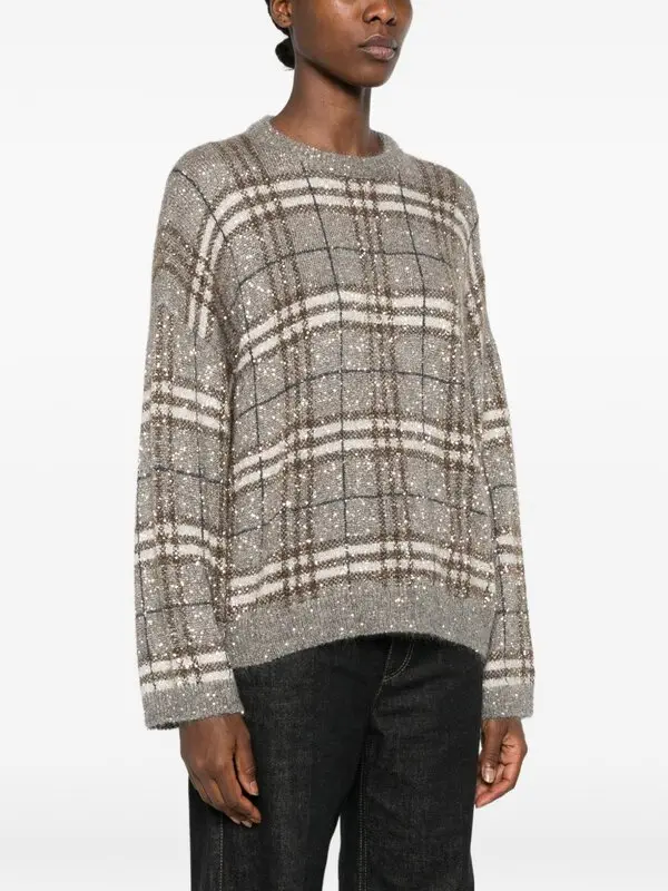 Brunello Cucinelli Checked Sequin Embellished Crewneck Sweater