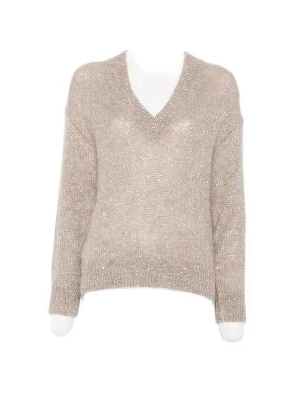 Brunello Cucinelli V-neck Sequin Embellished Wool Blend Sweater - Multicolor