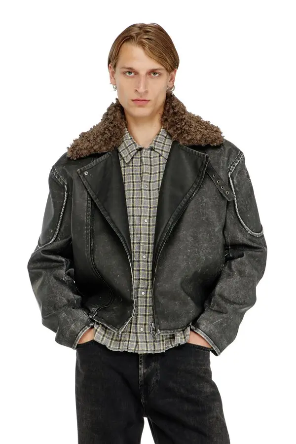 DIESEL® Biker Jacket With Detachable Fuzzy Collar - Grey