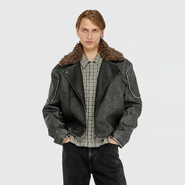 DIESEL® Biker Jacket With Detachable Fuzzy Collar - Grey