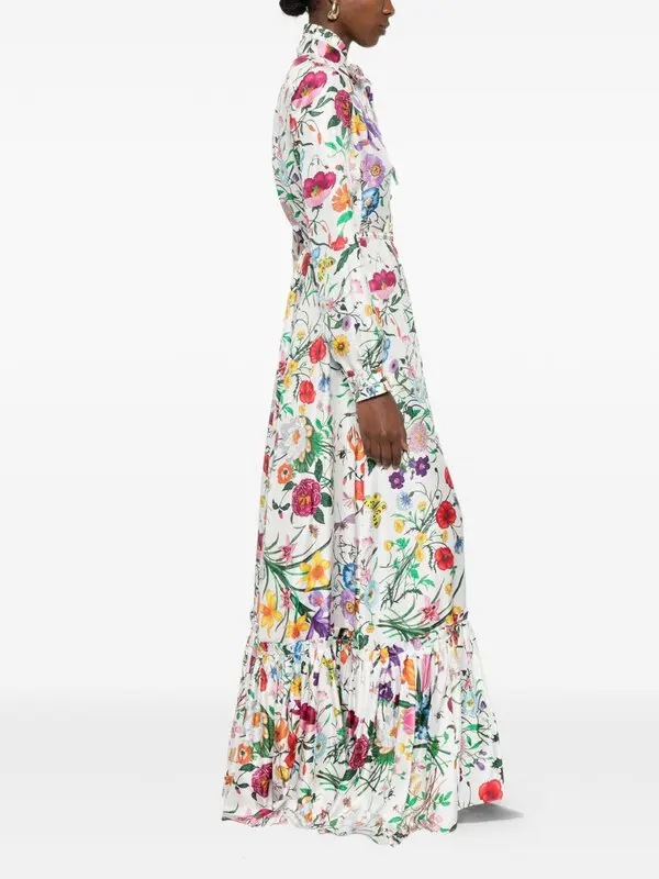 Gucci Floral Print Silk Button-up Long Sleeve Dress