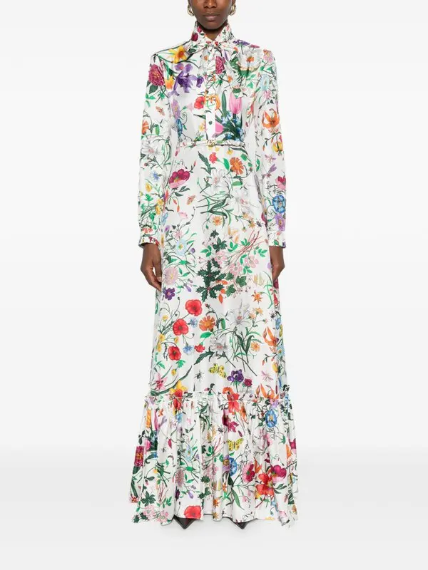 Gucci Floral Print Silk Button-up Long Sleeve Dress