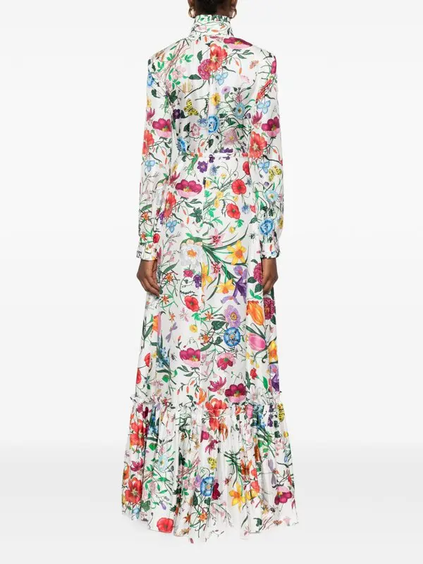 Gucci Floral Print Silk Button-up Long Sleeve Dress