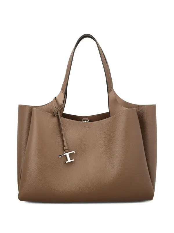 TOD'S Medium Grained Leather Tote Bag With T-logo Charm - Multicolor