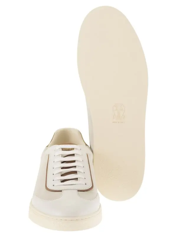 Brunello Cucinelli Low-top Leather And Suede Sneakers With Contrasting Details - White