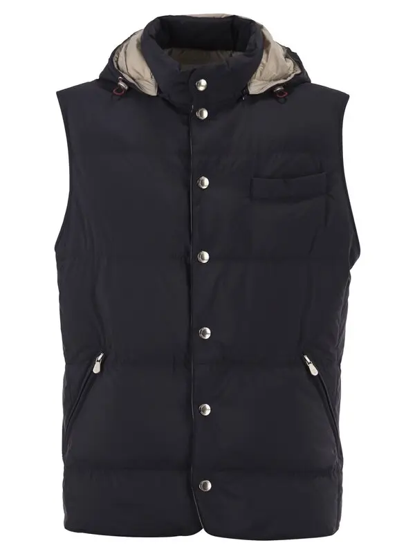 Brunello Cucinelli Padded Hooded Gilet In Technical Fabric - Blue