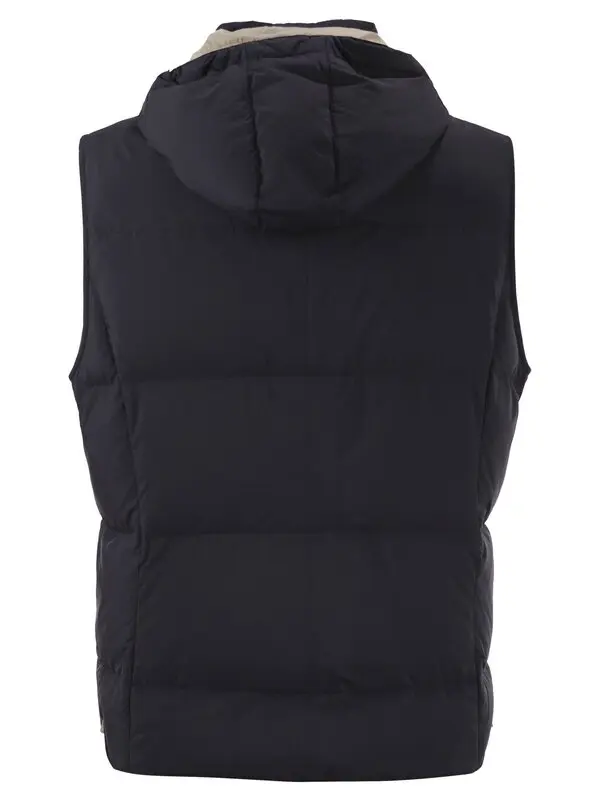 Brunello Cucinelli Padded Hooded Gilet In Technical Fabric - Blue