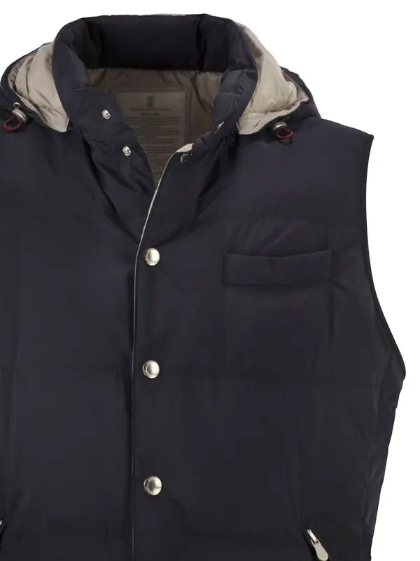 Brunello Cucinelli Padded Hooded Gilet In Technical Fabric - Blue