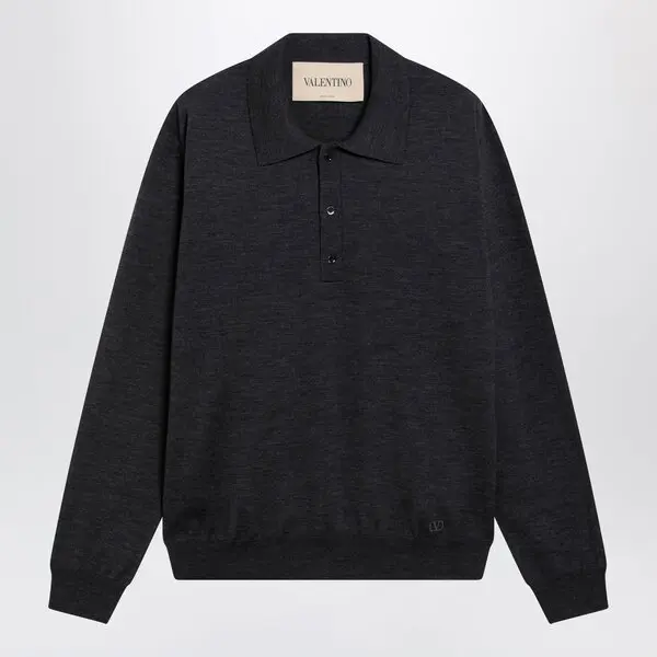 Valentino Garavani Wool Polo Shirt With Vlogo Embroidery In Anthracite