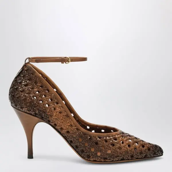 Miu Miu Woven Leather Ankle Strap Pumps - Brown