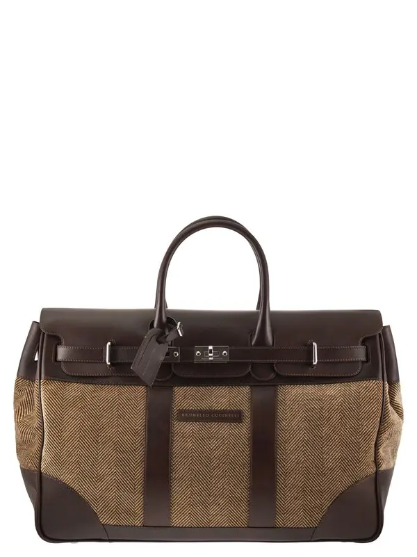 Brunello Cucinelli Herringbone And Leather Weekender Bag - Brown