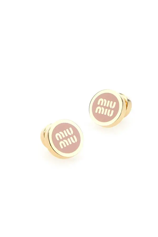 Miu Miu Gold Metal Stud Earrings With Logo Motif