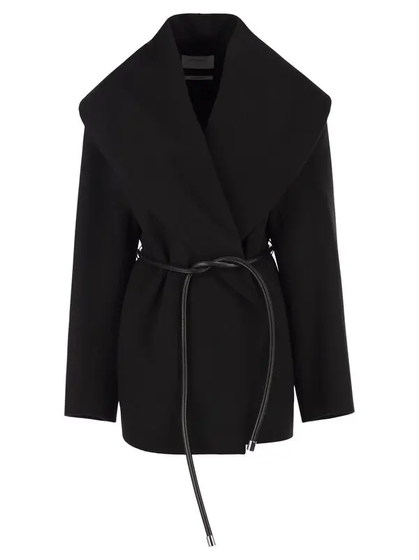 Sportmax Virgin Wool Wrap Short Coat With Shawl Collar - Black