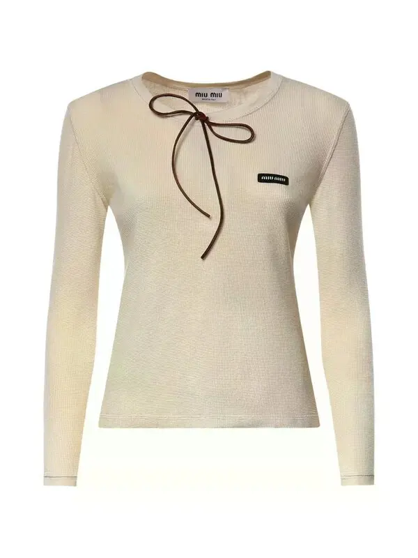 Miu Miu Cotton Waffle-knit Long-sleeve T-shirt With Bow Detail