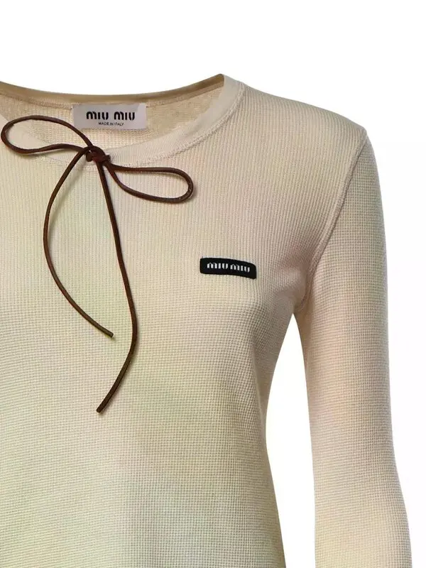 Miu Miu Cotton Waffle-knit Long-sleeve T-shirt With Bow Detail