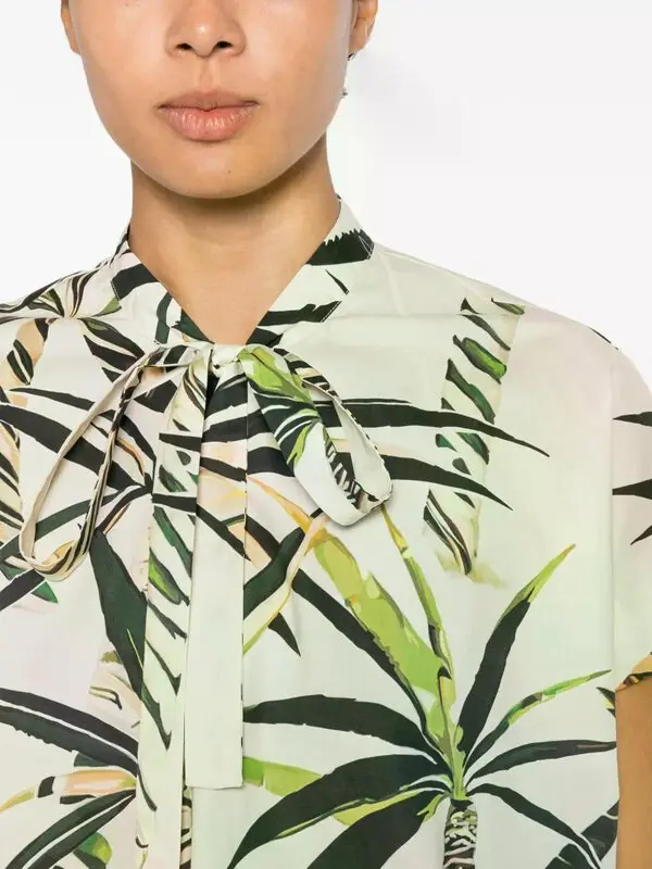 PSOPHIA Beige Palm Tree Print Bow Collar Shirt