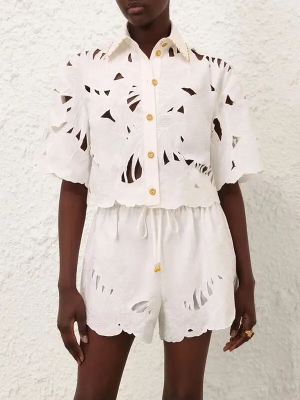 Zimmermann Mahon Embroidered Cropped Shirt - White
