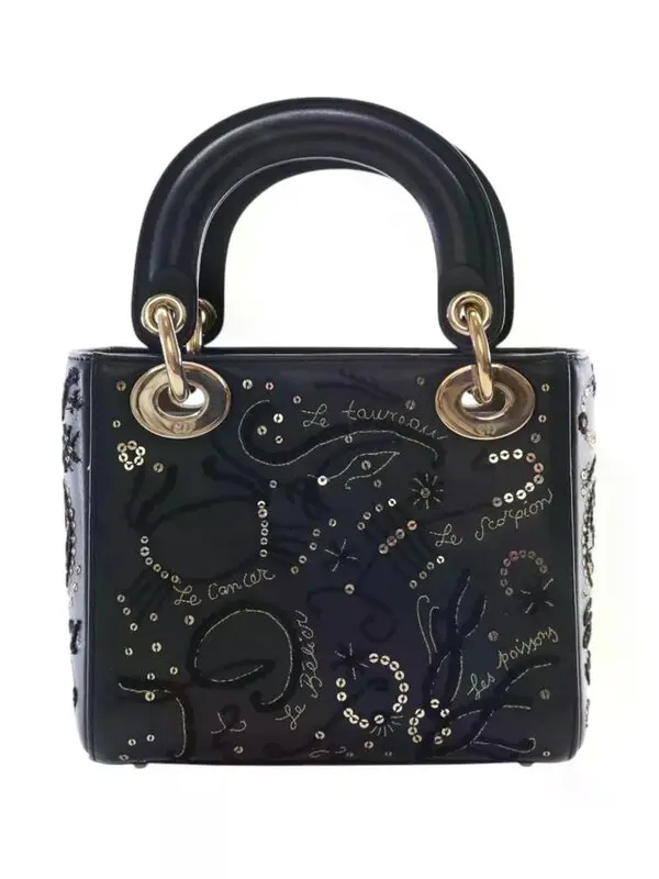 Dior 2018 Mini Lambskin Embroidered Sequin Astrology Lady Satchel - Black