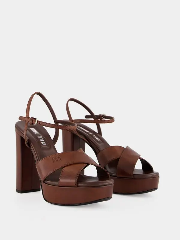 Miu Miu Leather Platform Sandals - Brown