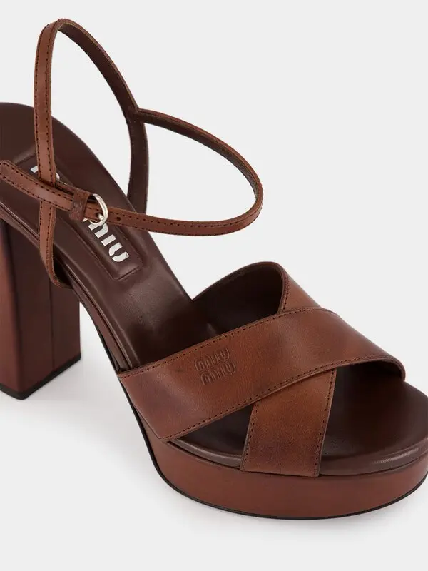 Miu Miu Leather Platform Sandals - Brown