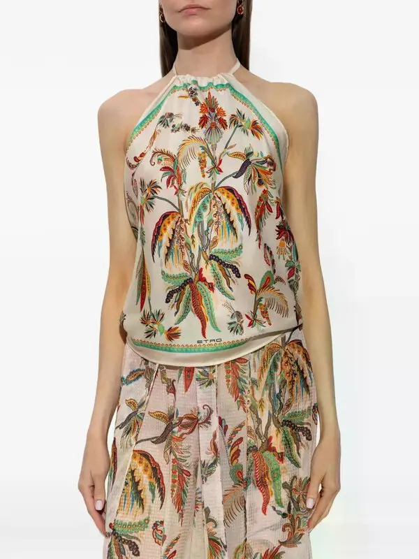 Etro Floral Print Silk Halter Neck Blouse - Neutrals