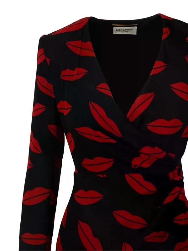 Saint Laurent Silk Lips Print V-neck Wrap Dress