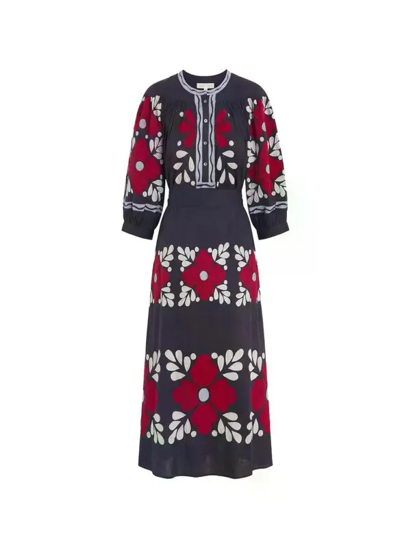 Antik Batik Floral Embroidered Puff Sleeve Midi Dress