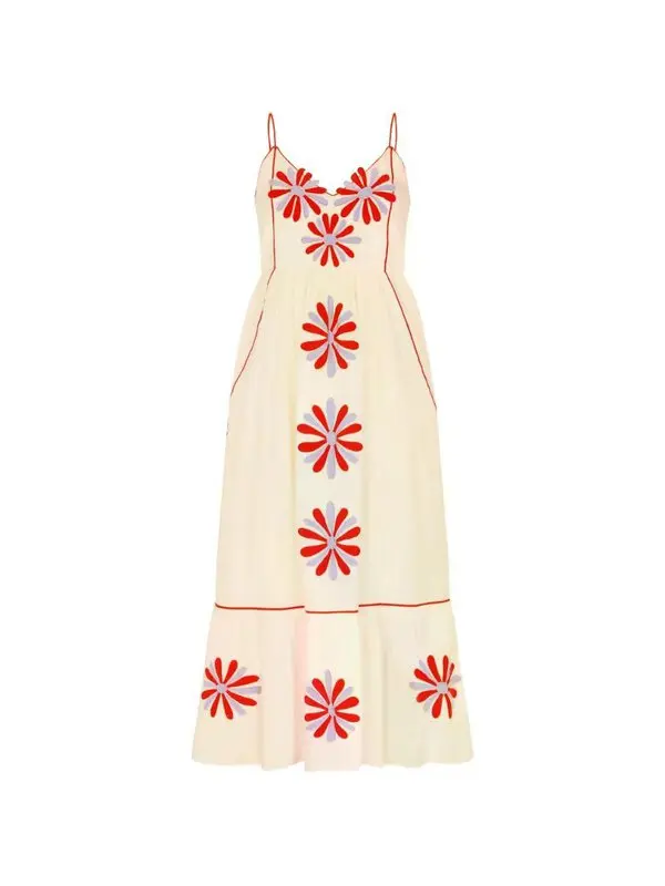 Carolina K Gardenia White Floral Appliqué Tiered Dress