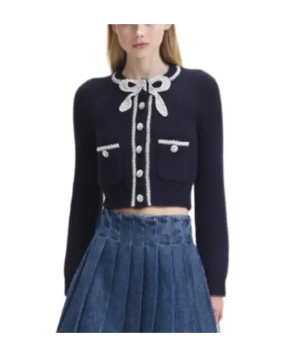 SELF-PORTRAIT Bow Embellished Knitted Cardigan - Black