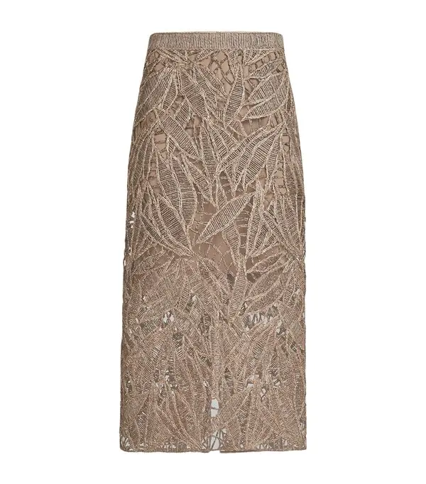 Brunello Cucinelli Dazzling Embroidered Midi Skirt - Beige