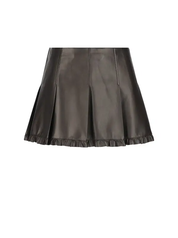 Miu Miu Pleated Nappa Leather Midi Skirt With Ruffle Hem