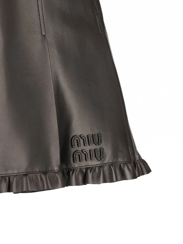 Miu Miu Pleated Nappa Leather Midi Skirt With Ruffle Hem