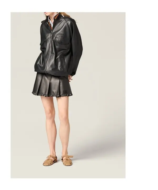 Miu Miu Pleated Nappa Leather Midi Skirt With Ruffle Hem