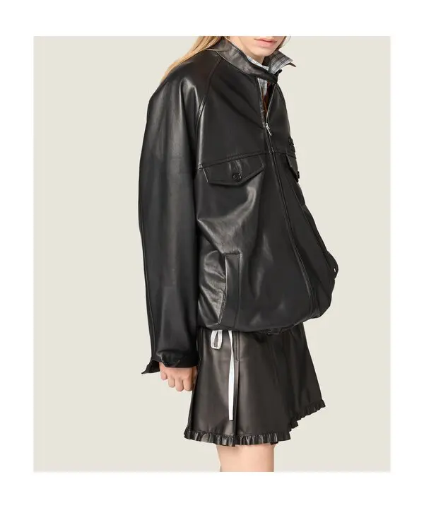 Miu Miu Pleated Nappa Leather Midi Skirt With Ruffle Hem