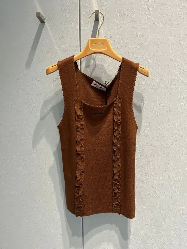 Miu Miu Cashmere And Silk Sleeveless Top With Ruffle Detail - Brown