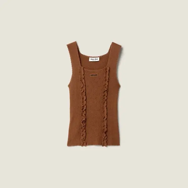 Miu Miu Cashmere And Silk Sleeveless Top With Ruffle Detail - Brown