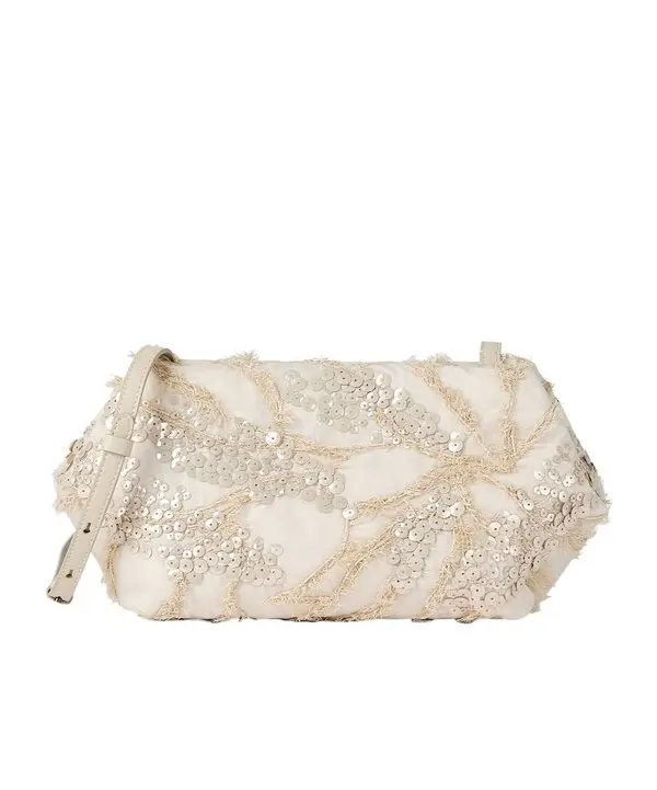 Brunello Cucinelli Silk Organza Pouch Bag With Seabed Embroidery - Beige