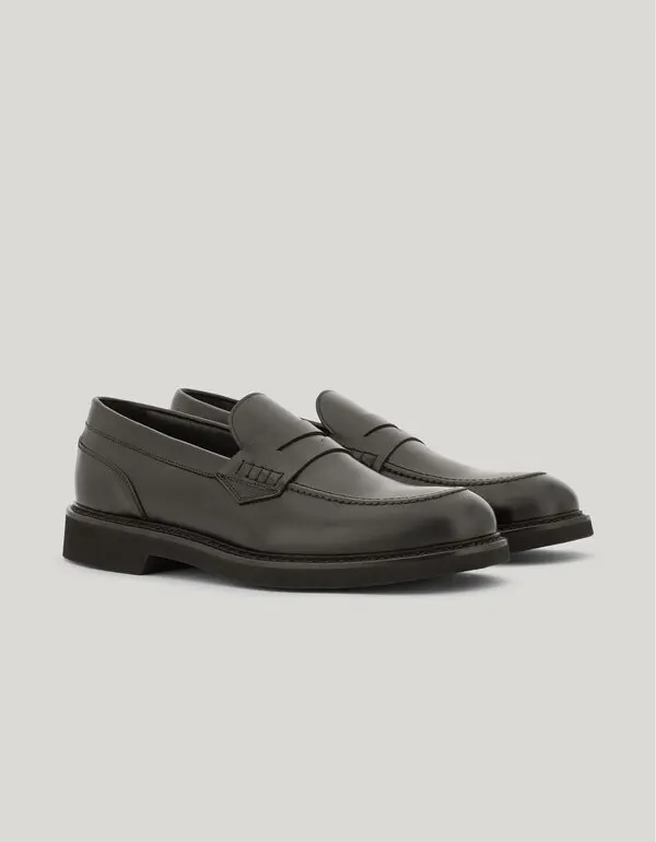 Canali Dark Calfskin Penny Loafers With Eva Sole - Brown