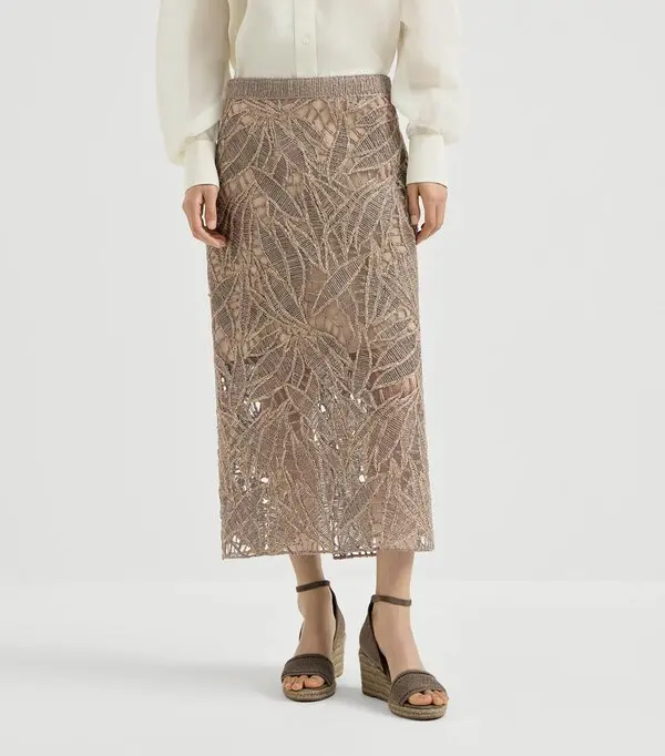 Brunello Cucinelli Midi Skirt With Cacao-leaf Embroidery