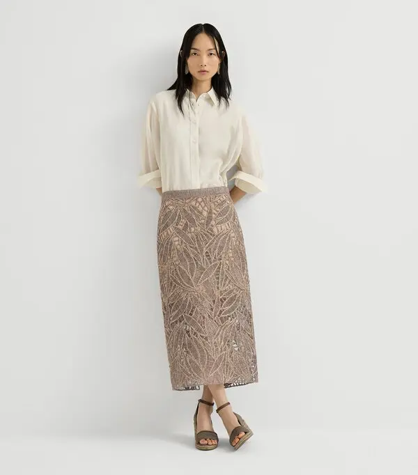 Brunello Cucinelli Midi Skirt With Cacao-leaf Embroidery