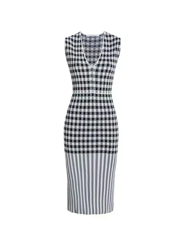 Another Tomorrow Gingham Knit V-neck Dress - White