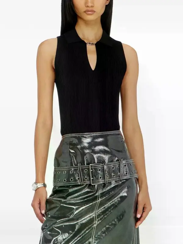 DIESEL® Sleeveless Rib-knit Silk Blend Polo Top With Oval D Plaque